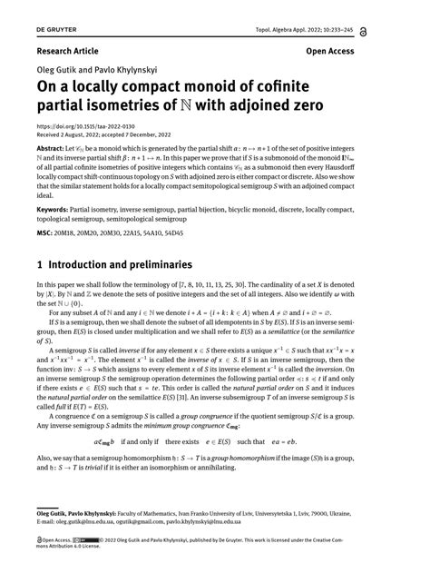 Pdf On A Locally Compact Monoid Of Cofinite Partial Isometries Of ℕ