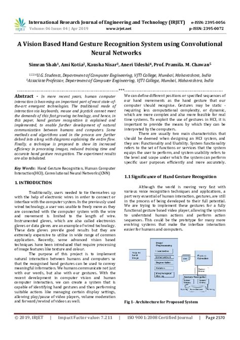 pdf irjet a vision based hand gesture recognition system using