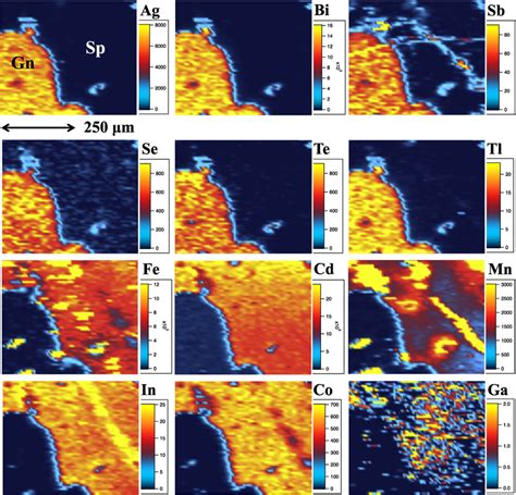 La Icp Ms Element Maps Ag Bi Sb Se Te Tl Fe Cd Mn In Co Ga Download Scientific