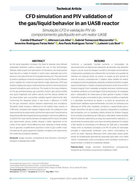 Pdf Cfd Simulation And Piv Validation Of The Gasliquid Behavior In An Uasb Reactor