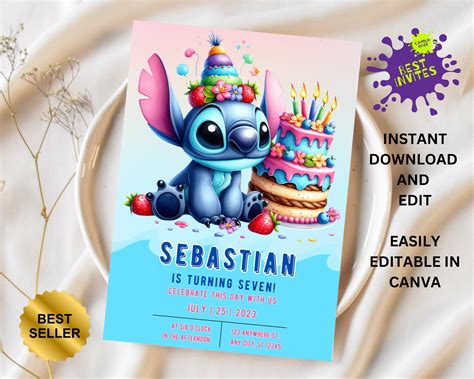 Plantilla De Invitación De Cumpleaños Editable De Stitch Invitaciones