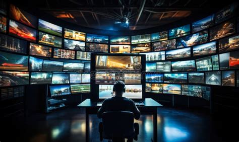 Media Broadcast Control Room With Multiple Screens Displaying Various