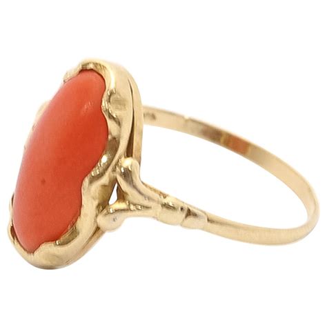 1890 Victorian 14 Karat Rose Gold Natural Red Coral Cabochon Ring At