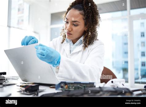 Black Woman Computer Motherboard Or System For Technician In Cyber Crime Investigation At