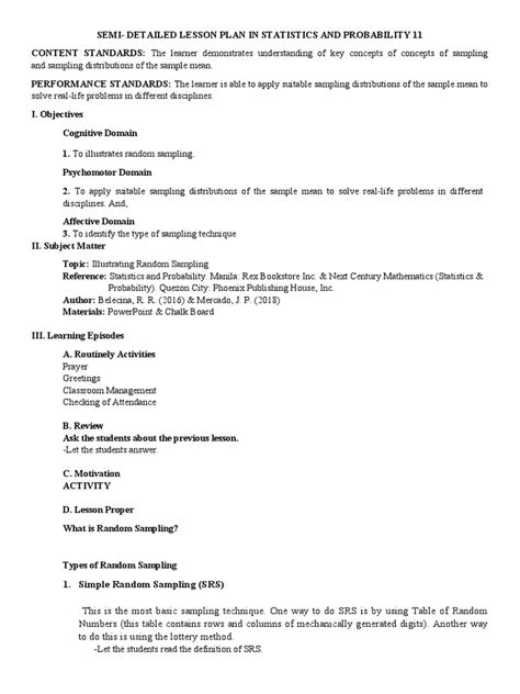 semi detailed lesson plan in stat and prob 11 pdf sampling