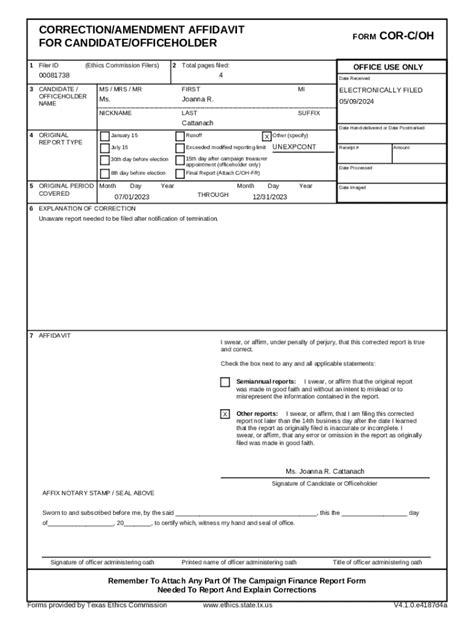 Fillable Online Correction Amendment Affidavit For Candidate Officeholder Fax Email Print
