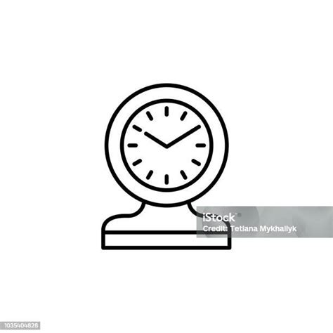 벡터 일러스트 빈티지 책상 시계입니다 시간을 측정 하기 위한 아날로그 장치의 선 아이콘입니다 오래 된 탁상 나무 시계입니다 흰색 바탕에 고립 된 개체입니다 가정 생활에 대한