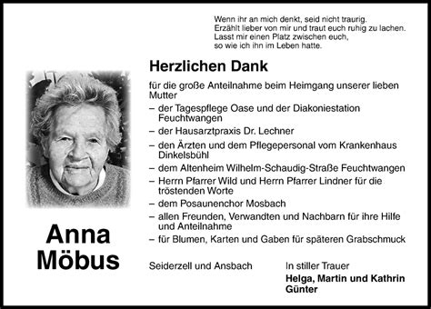 Traueranzeigen Von Anna Möbus Trauer Flz De