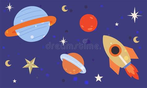 Spaceship Flying Among Celestial Objects And Stars Rocket And Planet