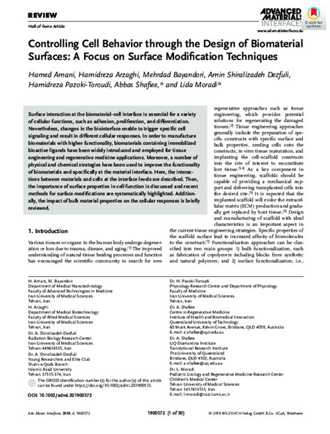 Pdf Controlling Cell Behavior Through The Design Of Biomaterial Surfaces A Focus On Surface