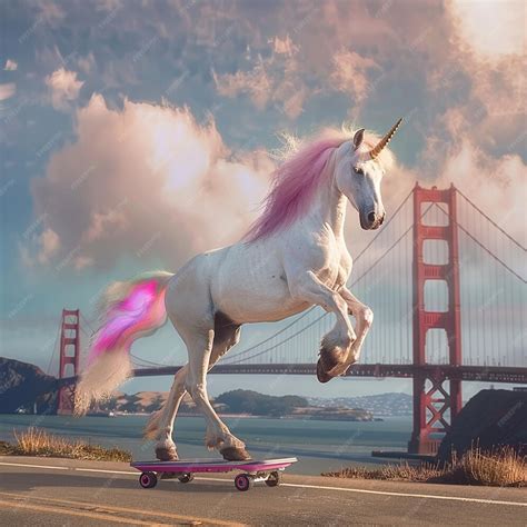 Dreamy Unicorn Riding A Hoverboard By The Golden Gate Premium Ai