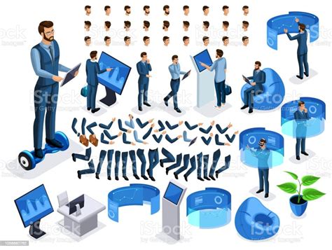 아이소메트릭 세트 1 가제트 사업가 당신의 성격 감정의 집합 손 발 헤어스타일의 제스처를 만듭니다 가제트와 함께 아름 다운 문자 만들기 경영자에 대한 스톡 벡터 아트 및