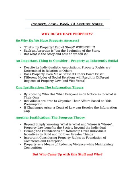 Week 14 Lecture Notes Property Law Week 14 Lecture Notes Why Do We Have Property So Why Do
