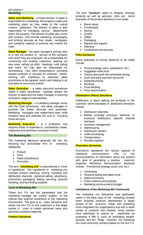 hpc lesson 7 lesson about hospitality hpc lesson 7 marketing sales