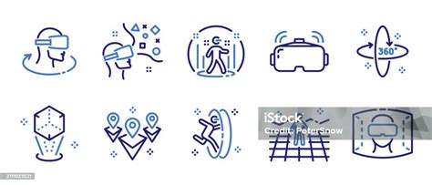 메타버스 가상 및 증강 현실 기술 아이콘 세트 Vr 및 Ar 환경에 대한 사용자 참여 디지털 현실 및 몰입형 기술을 위한 벡터 윤곽선 가는 선 일러스트레이션 360도 촬영에