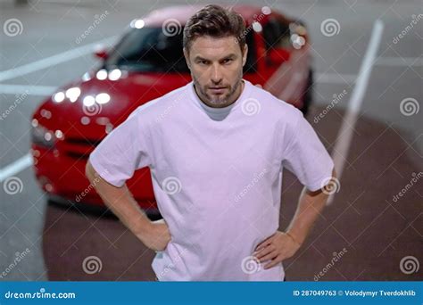 Aggressive Driver Serious Driver Man Near Car On Night Street
