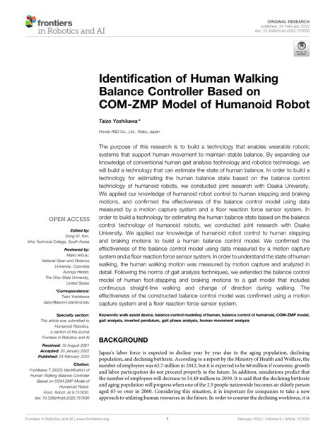 pdf identification of human walking balance controller based on com zmp model of humanoid robot