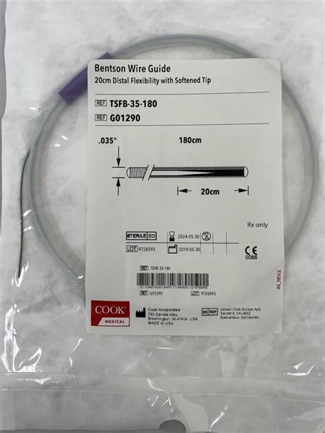 New Cook G01290 Bentson Wire Guide 20cm Distal Flexibility With