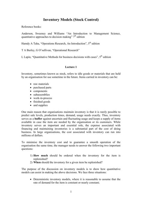 Inventory Models Stock Control