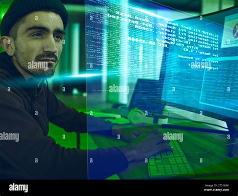 Computer Hacker Programming And Man With Hologram For Phishing Scam