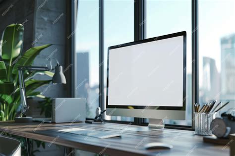 Mockup Of Computer Monitor On Desk In Contemporary Minimalist Home Office With Plants Premium