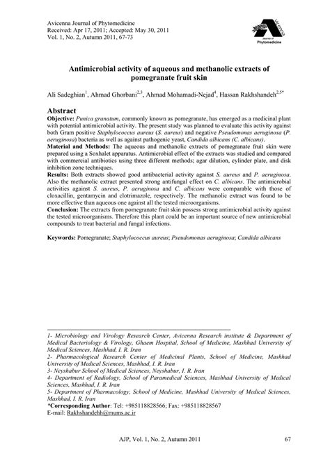 Pdf Antimicrobial Activity Of Aqueous And Methanolic Extracts Of Pomegranate Fruit Skin