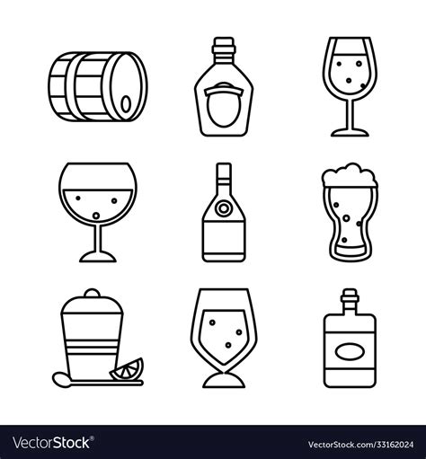 Barrel And Liquor Bottles Icon Set Line Style Vector Image