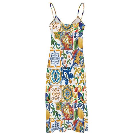 Majolica Sling Dress Italian Tiles Ankle Length Sundress Colorful