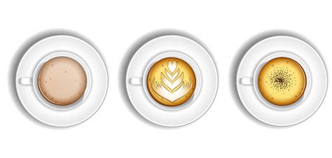 우유를 분리한 현실적인 커피 컵 세트 또는 카푸치노 아메리카노 에스프레소 모카 라떼가 있는 커피숍에서 커피 컵 Eps 벡터