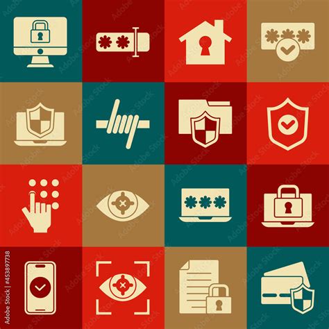 Set Credit Card With Shield Laptop And Lock Shield Check Mark House Under Protection Barbed