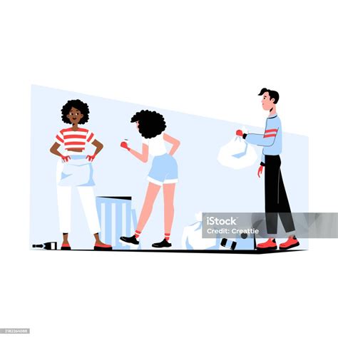 환경 보호와 오염 방지 노력을 상징하는 평면 벡터 일러스트 레이 션에서 쓰레기를 청소하는 사람들의 그룹 흰색 배경에 고립 된 갈퀴에 대한 스톡 벡터 아트 및 기타 이미지