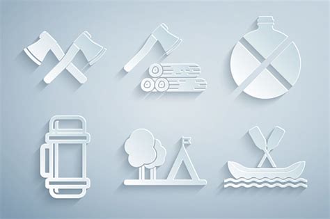 깃발 매점 물병 보온병 용기 래프팅 보트 나무 도끼와 나무 교차 나무 아이콘으로 관광 텐트를 설정하십시오 벡터 3차원 형태에 대한 스톡 벡터 아트 및 기타 이미지 Istock