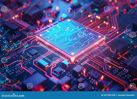 A Digital Rendering Of A Modern Microprocessor Or Chip On A Motherboard Surrounded By Glowing