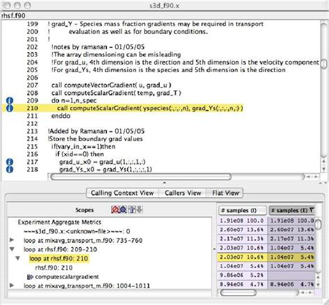 hpcviewer displaying a flat loop level view of a timer based call path