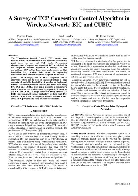 pdf a survey of tcp congestion control algorithm in wireless network