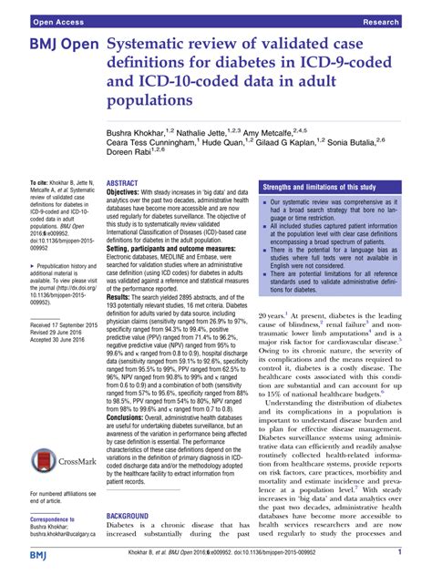 Pdf Systematic Review Of Validated Case Definitions For Diabetes In Icd 9 Coded And Icd 10