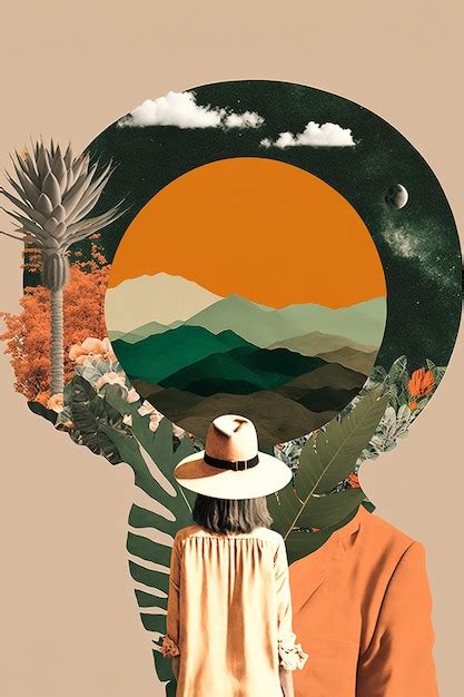 여성 초상화와 산이 있는 추상 미술 콜라주 프리미엄 사진