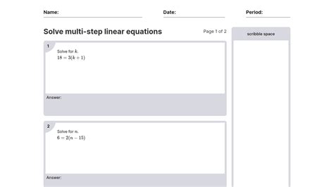 Solve Multi Step Linear Equations Worksheets [pdf] Algebra 1 Math