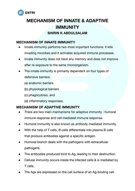 SOLUTION Mechanism Of Innate And Adaptive Immunity Studypool