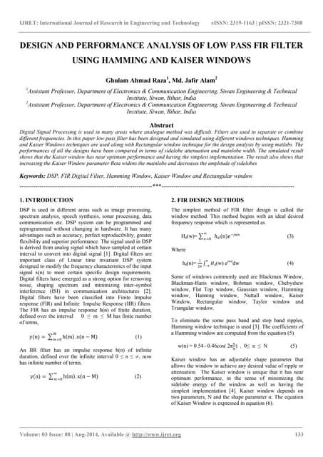 Design And Performance Analysis Of Low Pass Fir Filter Using Hamming And Kaiser Windows Pdf