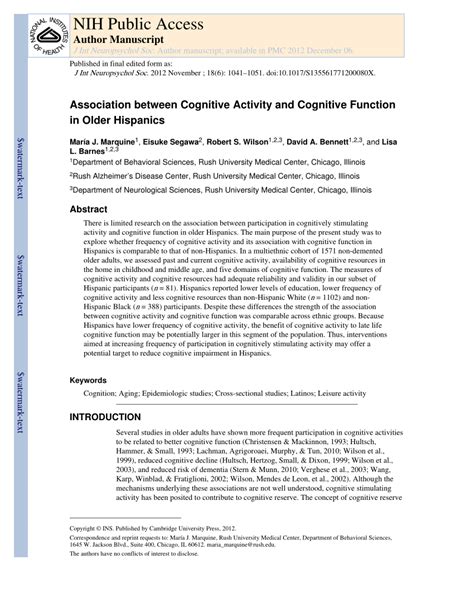 Pdf Association Between Cognitive Activity And Cognitive Function In