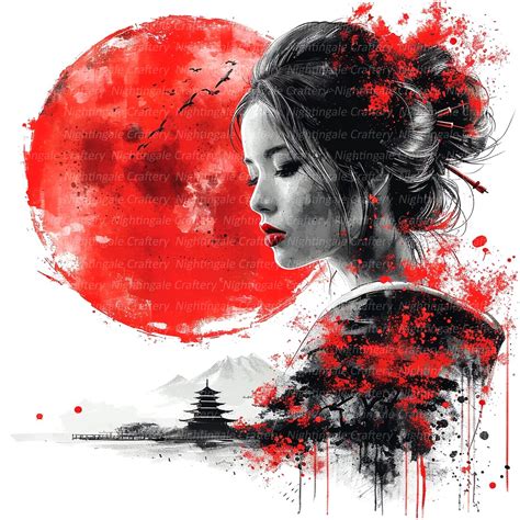 11 Geisha And Moon Clipart Geisha Print Printable Watercolor Clipart