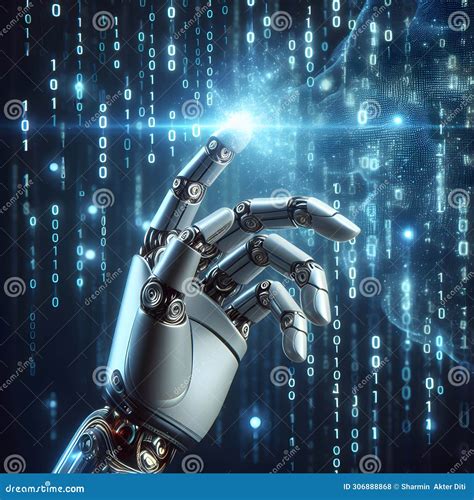 Machine Learning Hand Of Robot Touching On Binary Data Futuristic