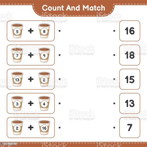 카운트 앤 매치 커피 컵의 수를 계산하고 올바른 숫자와 일치합니다 교육 어린이 게임 인쇄 워크 시트 벡터 일러스트레이션 0명에