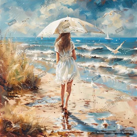 Ai创作图手绘海边散步的女孩 手绘海边散步的小姑娘 海边少女插画 打伞的少女 拿伞的少女 唯美小女孩海边插画 女孩风景画 唯美人物油画 海边女孩插画 撑伞的姑娘 Tif唯美油画 撑伞姑娘 插画