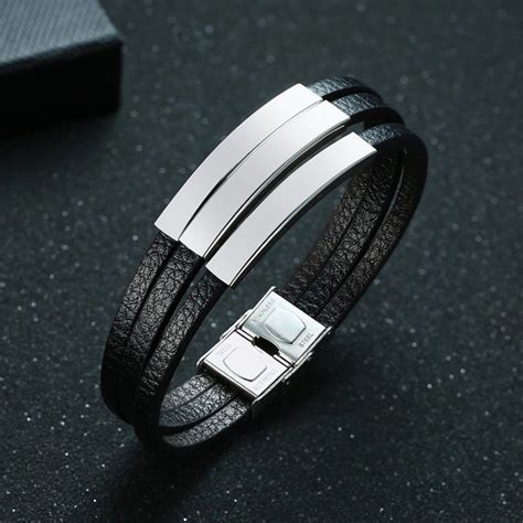 Brazalete Para Hombre 3 Placas De Grabado En Acero Inoxidable