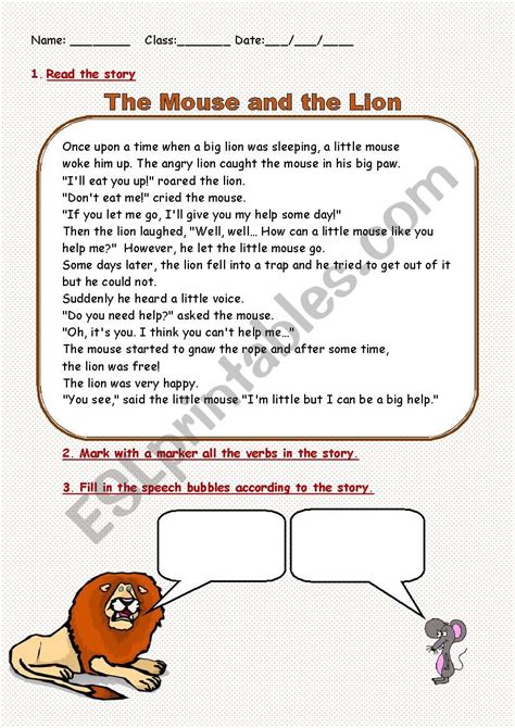 The Lion And The Mouse Esl Worksheet By Schulzi