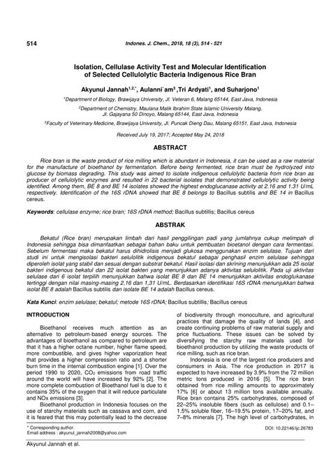 Pdf Isolation Cellulase Activity Test And Molecular Identification Of Selected Cellulolytic
