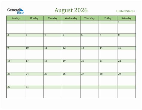 August 2026 Monthly Calendars With United States Holidays
