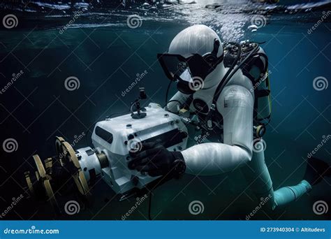 person programming robot for dangerous underwater mission stock